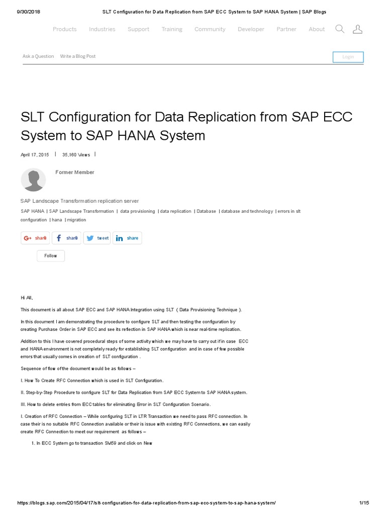 SLT Configuration For Data Replication From SAP ECC System To SAP HANA System - SAP Blogs | PDF ...