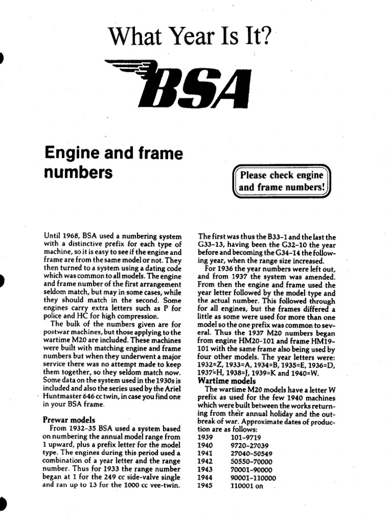 BSA Engine and Frame Numbers | PDF | Motorcycling | Vehicle Technology