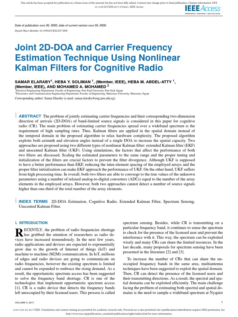 Joint 2D-DOA and Carrier Frequency Estimation Technique Using Nonlinear Kalman Filters For ...