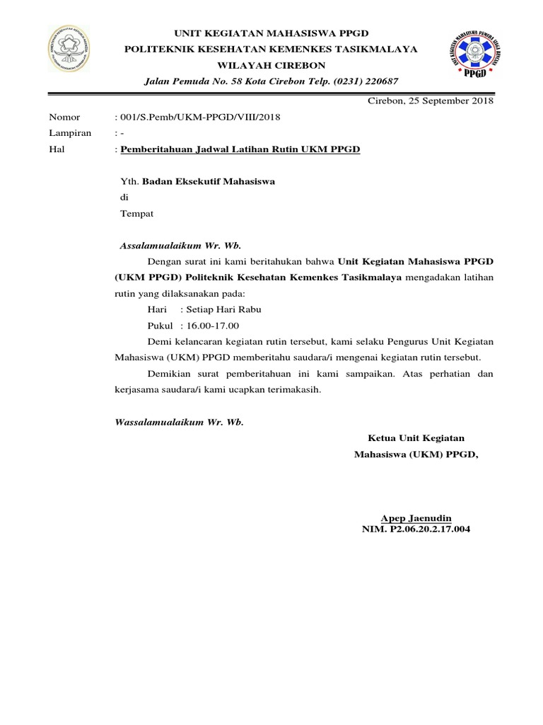 Surat Pemberitahuan Jadwal Latihan | PDF