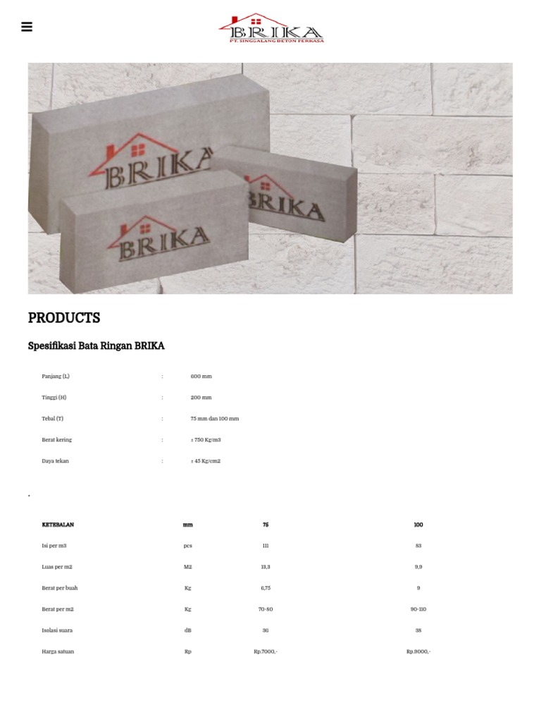 Spesifikasi Bata Ringan BRIKA | PDF