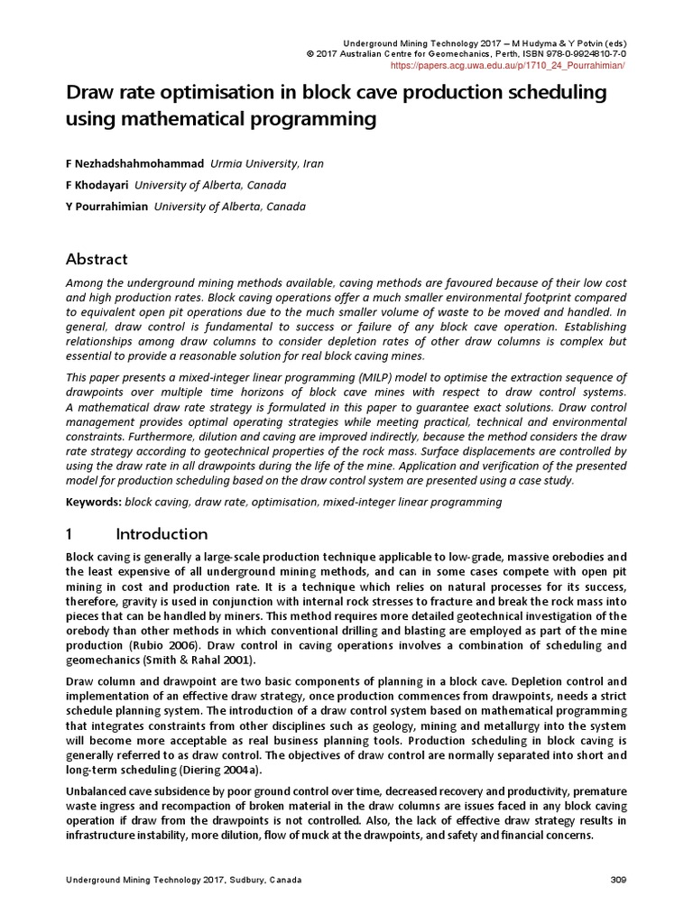 Draw Rate Optimisation in Block Cave Production Scheduling Using Mathematical Programming | PDF ...