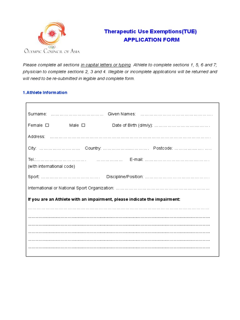 Therapeutic Use Exemptions (TUE) Application Form: 1.athlete ...