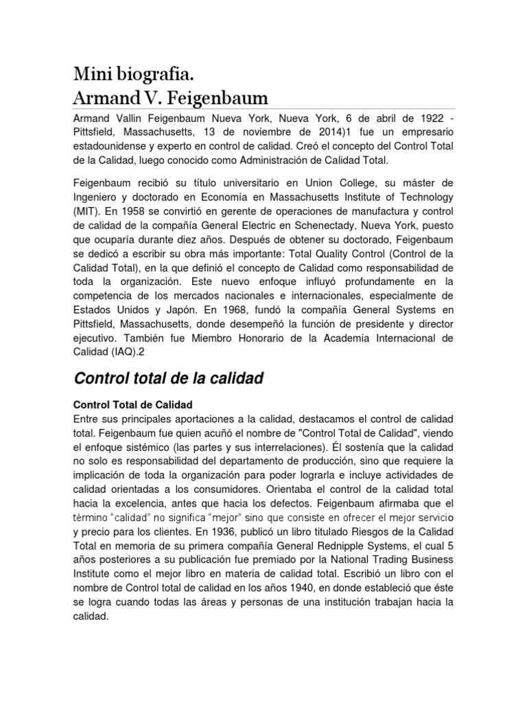 El padre del Control Total de Calidad: Armand V. Feigenbaum y sus contribuciones pioneras al ...