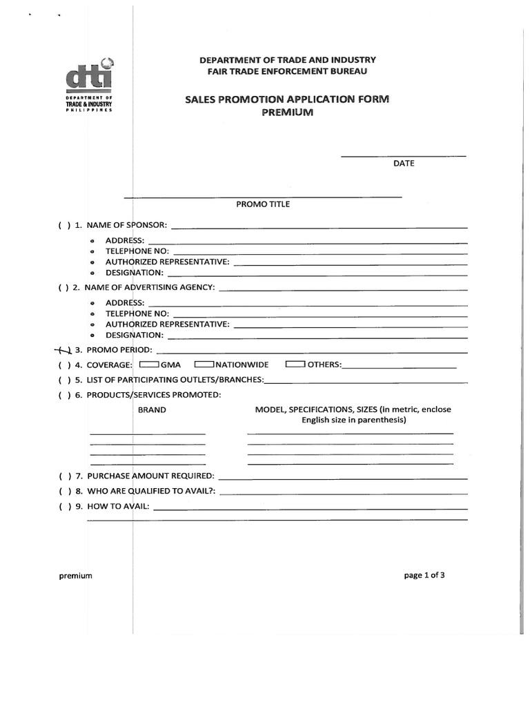 DTI-FTEB Sales and Promotion Application Form