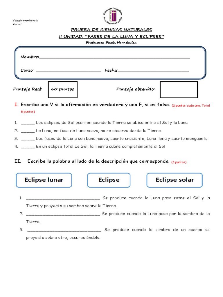 Prueba de Las Fases de La Luna y Eclipses | PDF | Eclipse | Luna