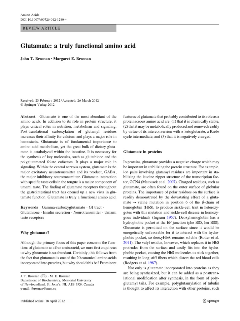 Glutamate: A Truly Functional Amino Acid | PDF | Glutathione | Glutamic ...