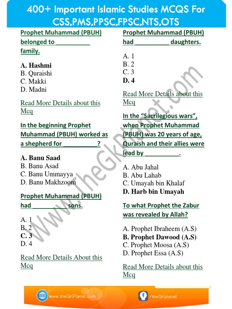 400 Important Islamic Studies MCQS For CSSPMSPPSCFPSCNTSOTS PDF | PDF ...