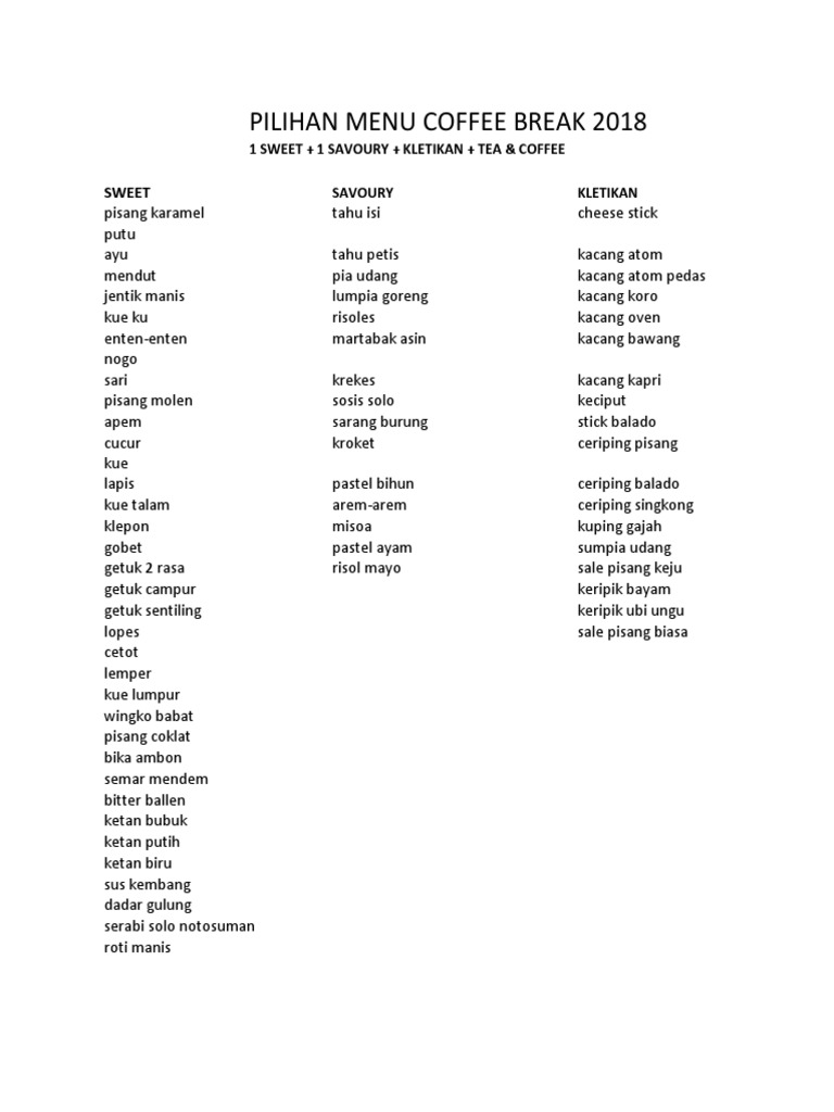 Pilihan Menu Coffee Break 1 2018 PDF | PDF | Memasak, Makanan, & Anggur