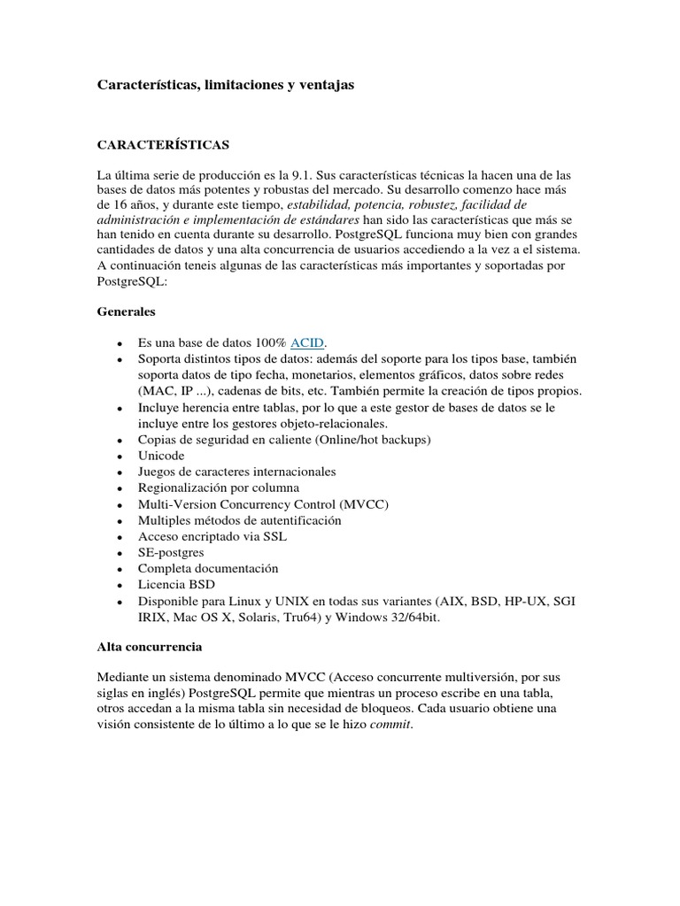 Características POSTGRESQL | PDF | Postgre Sql | Mi sql
