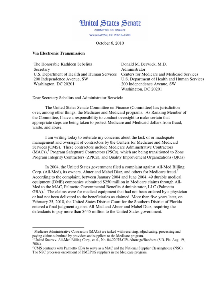 Senator Grassely's Letter to HHS Secretary Sebelius On Centers for ...