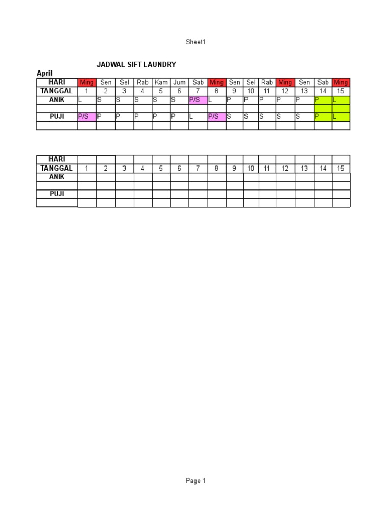 Sheet1: Jadwal Sift Laundry April Hari Tanggal Anik Puji | PDF