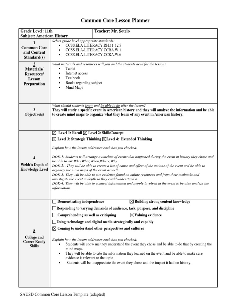 Common Core Lesson Planner: Grade Level: 11th Subject: American History ...