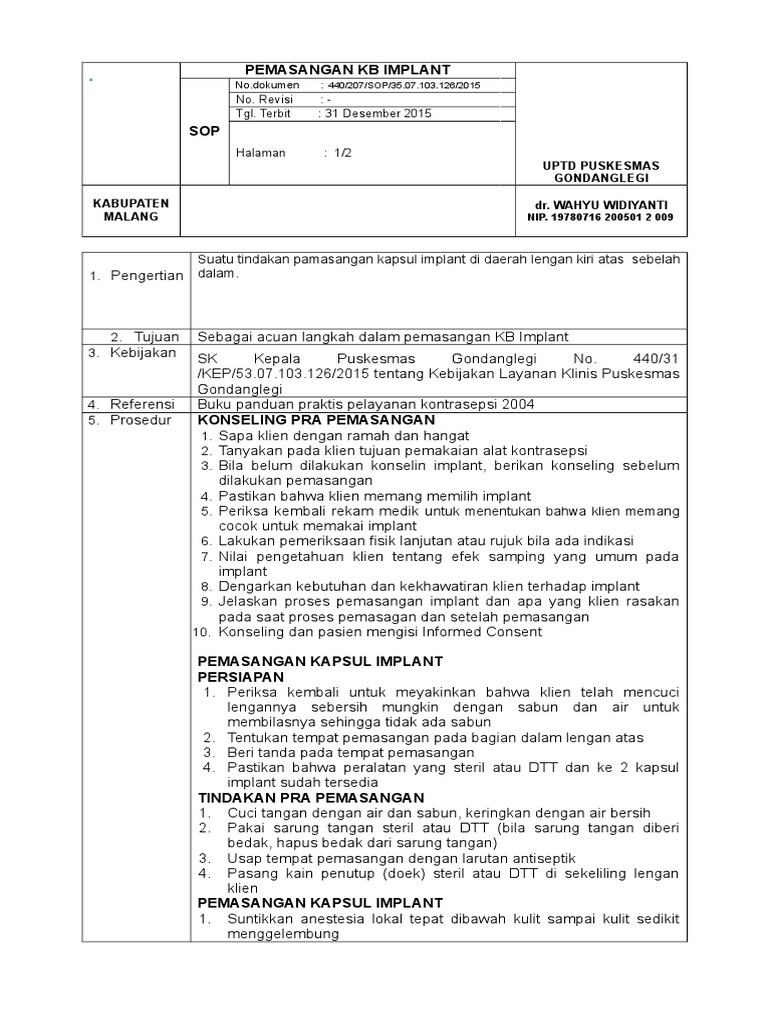 Sop Pemasangan KB Implant | PDF