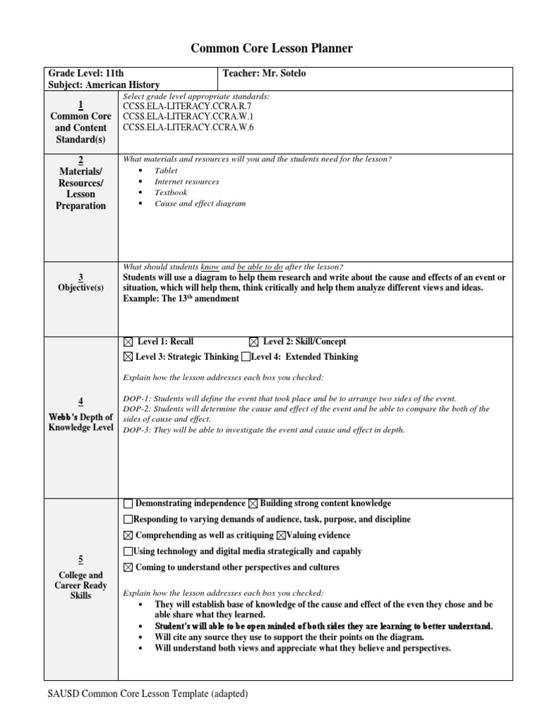 Common Core Lesson Planner: Grade Level: 11th Subject: American History ...