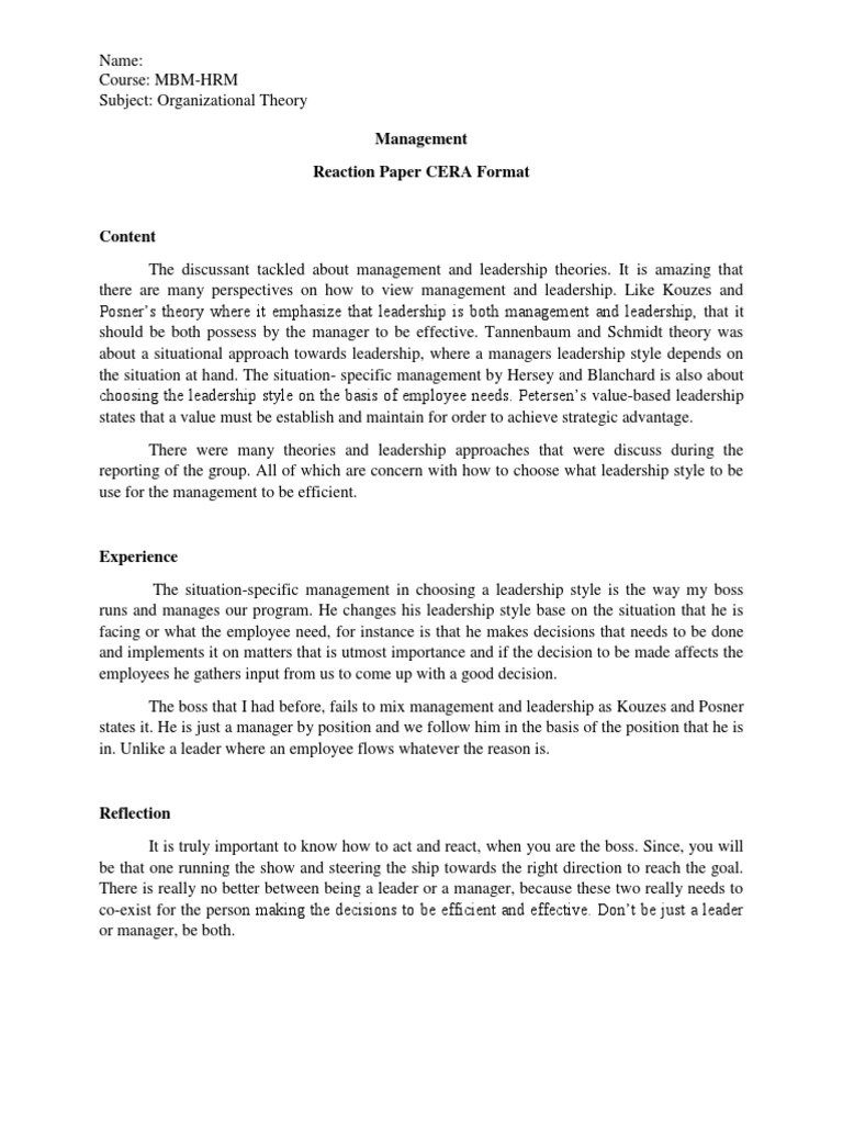 Management Reaction Paper CERA Format | Download Free PDF | Leadership ...