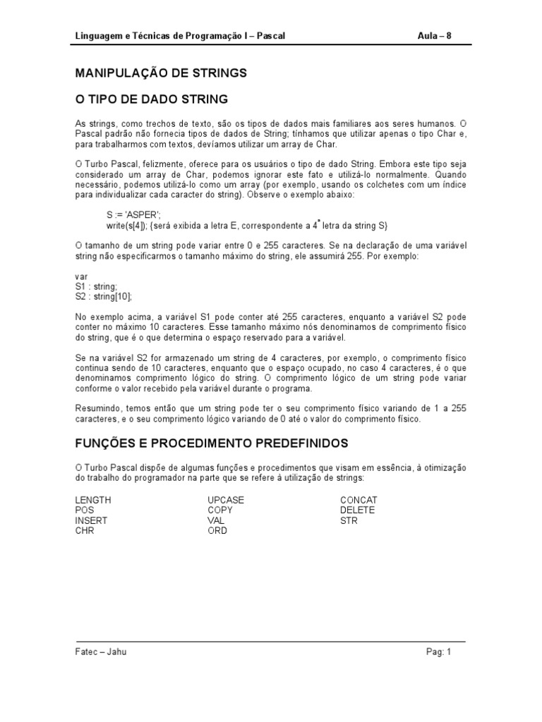 Strings Pascal | PDF | Tipo de dados | String (Ciência da Computação)