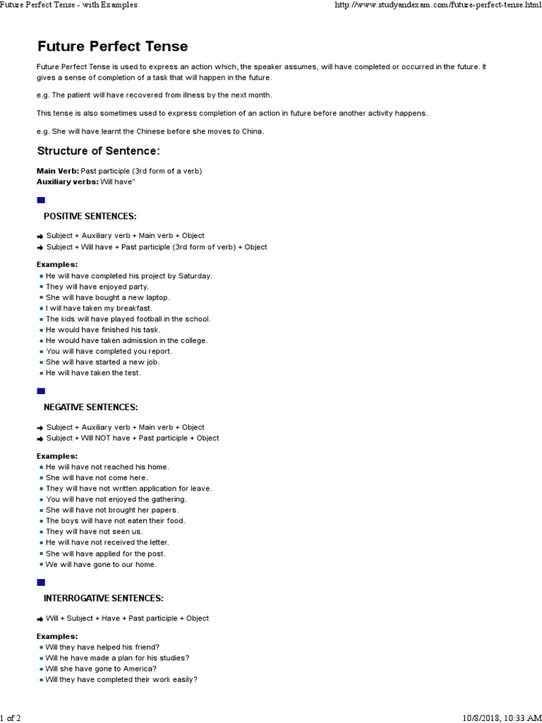 Future Perfect Tense - With Examples | PDF | Perfect (Grammar) | Grammatical Tense
