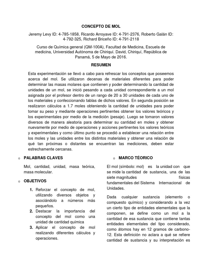 Definición y Aplicación del Mol | PDF | Mole (Unidad) | Observación ...