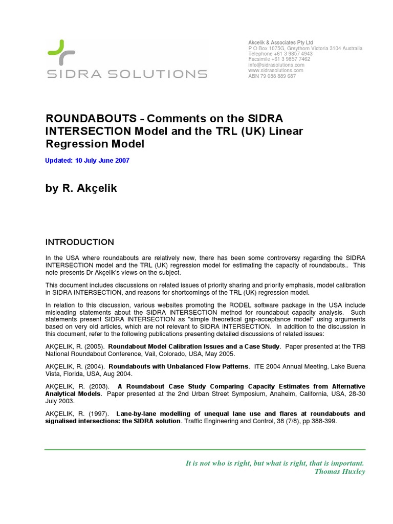 SIDRA and UK Roundabout Models PDF | PDF | Traffic | Regression Analysis