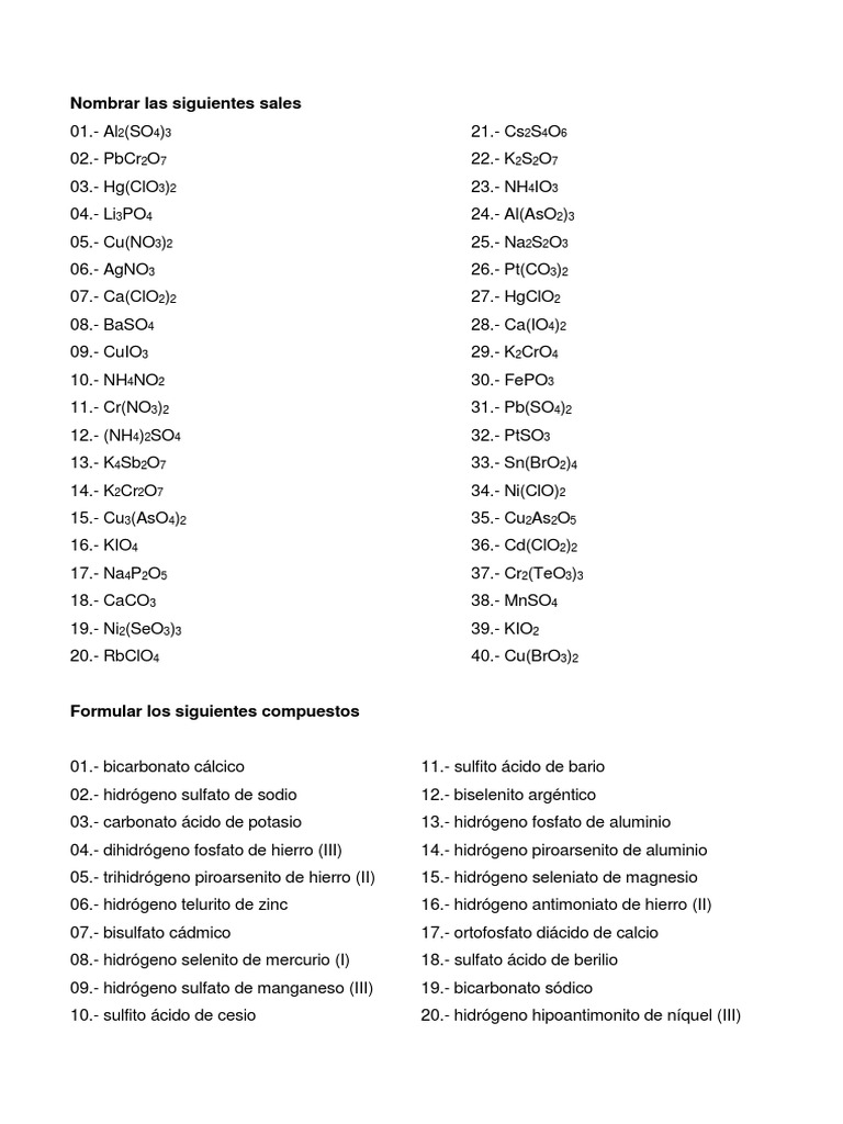 Nombrar Las Siguientes Sales | PDF | Conjuntos de elementos químicos ...