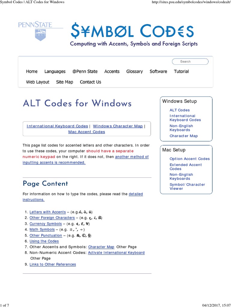 Symbol Codes - ALT Codes For Windows | PDF | Computer Keyboard | Text