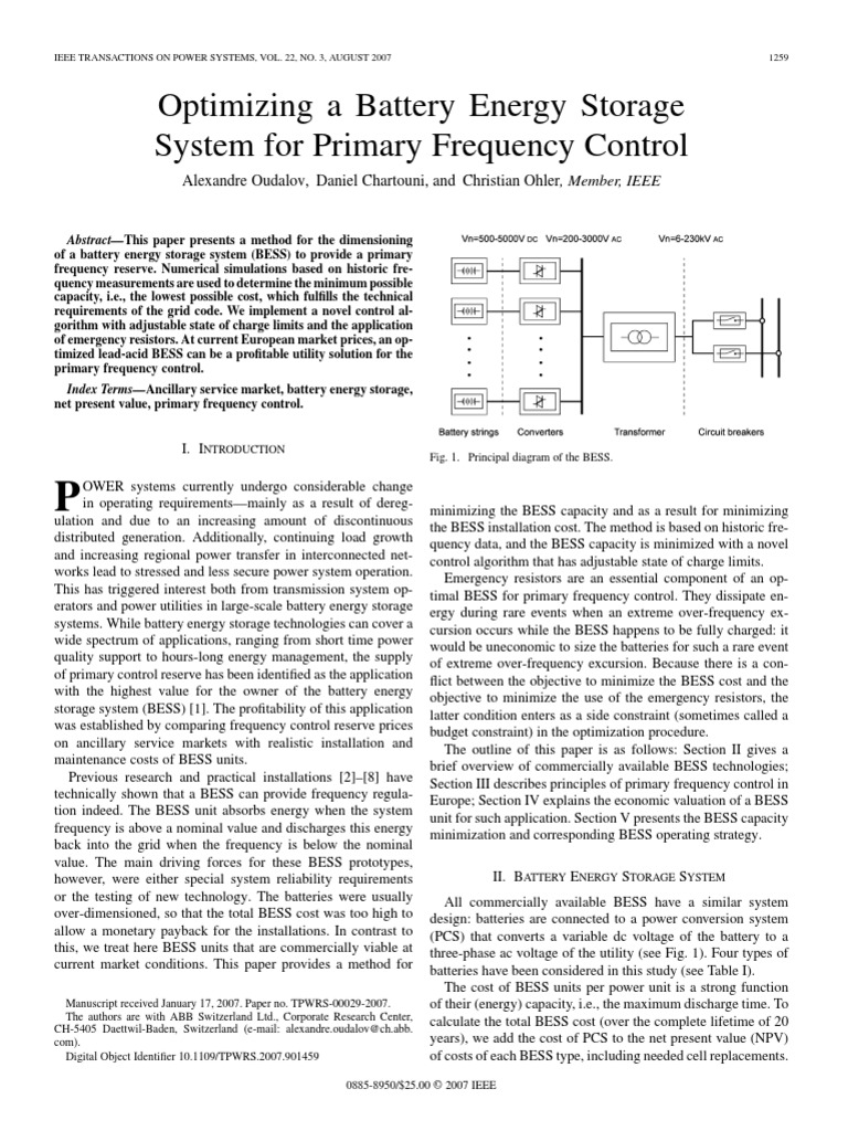 Optimizing A Battery Energy Storage System For Primary Frequency ...