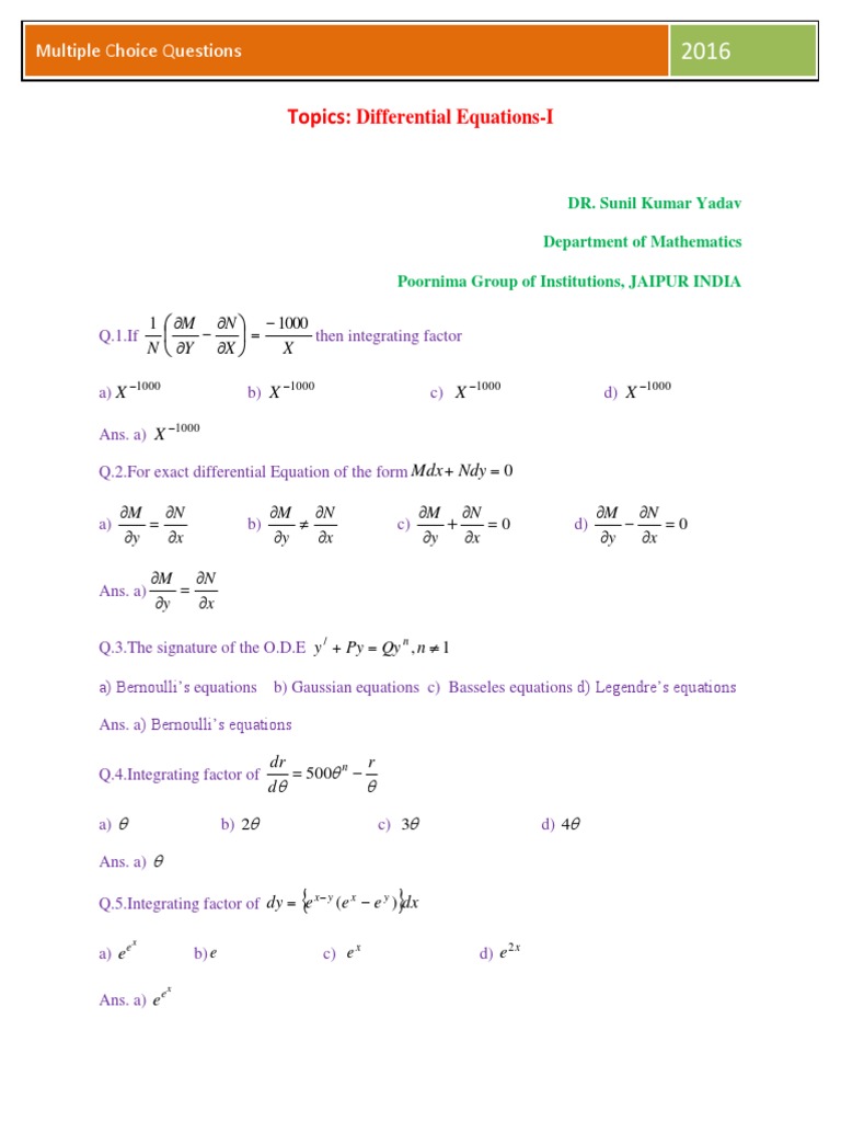 MCQ Iii PDF | PDF | Equations | Calculus