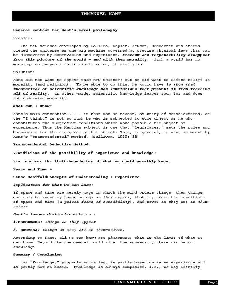 Kant's Ethics | PDF | Immanuel Kant | Transcendence (Philosophy)