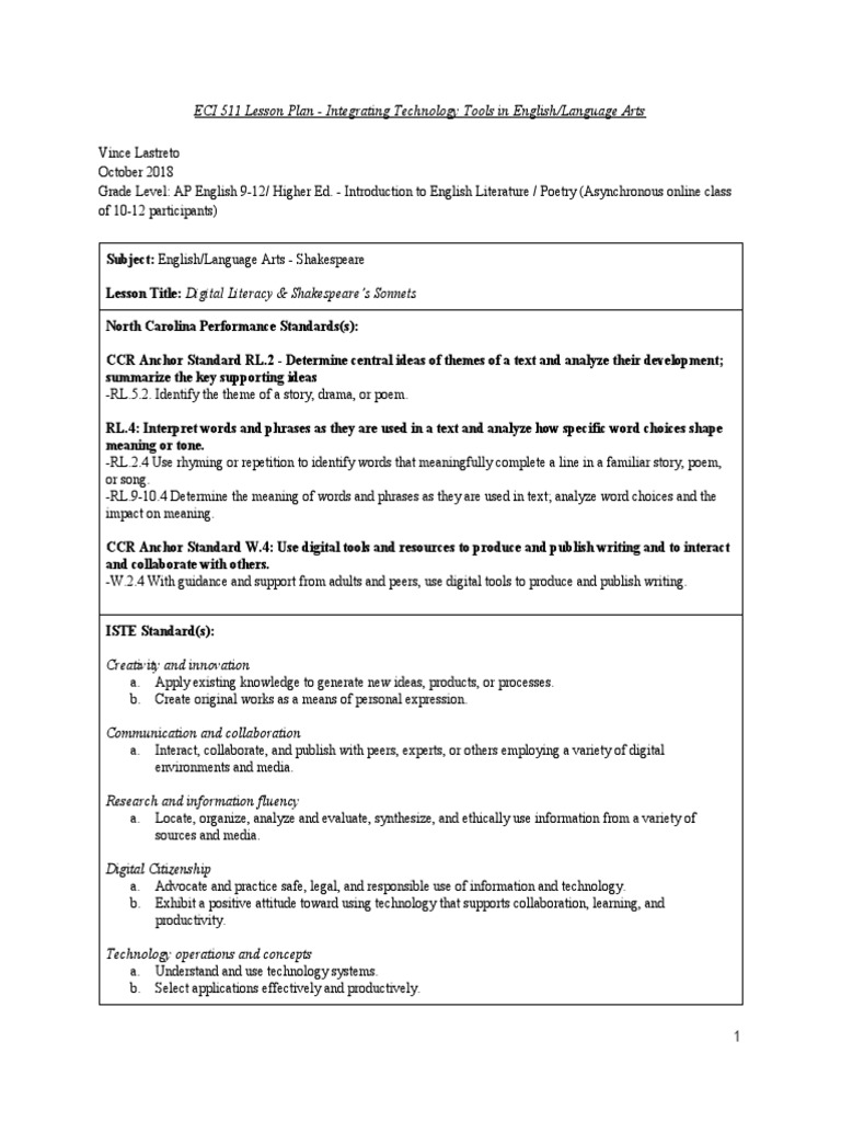 ECI 511 Lesson Plan - Integrating Technology Tools in English/Language ...