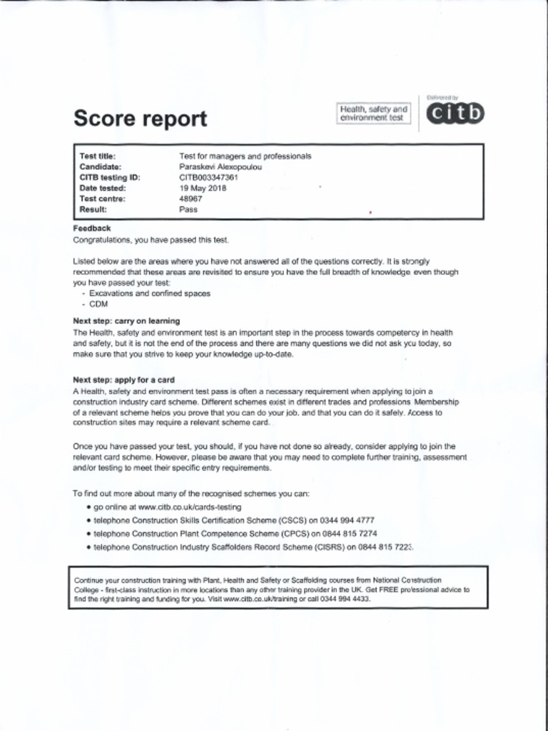 Score Report For CSCS Card | PDF