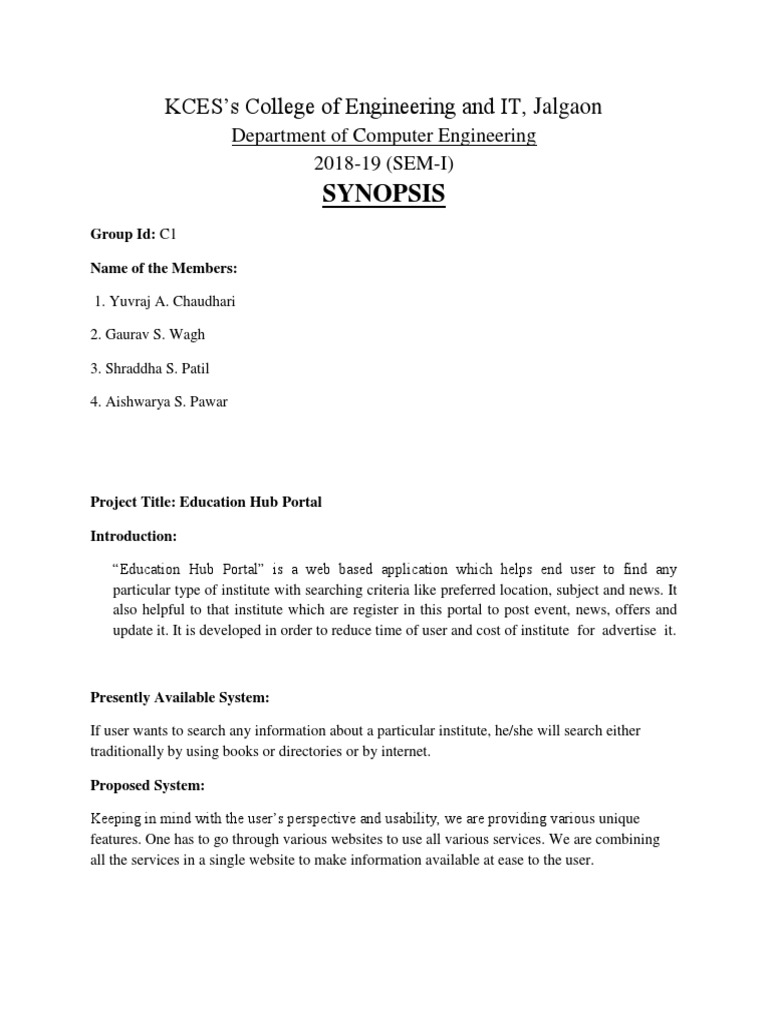 Synopsis: KCES's College of Engineering and IT, Jalgaon | PDF