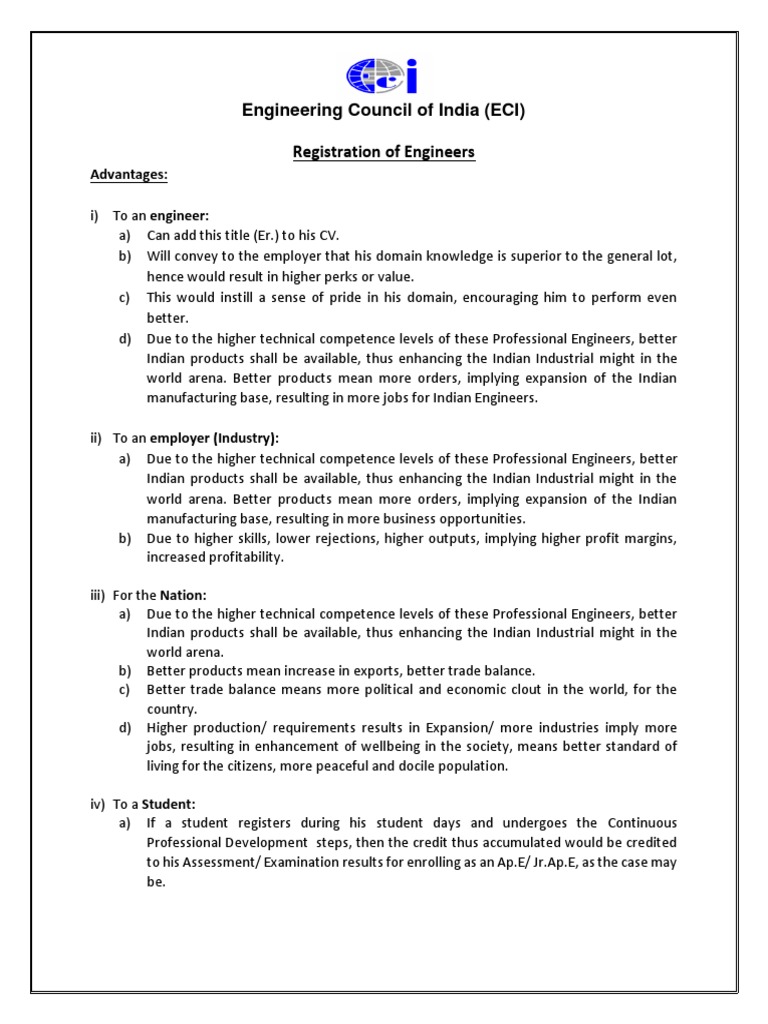 Engineering Council of India (ECI) Registration of Engineers | PDF ...
