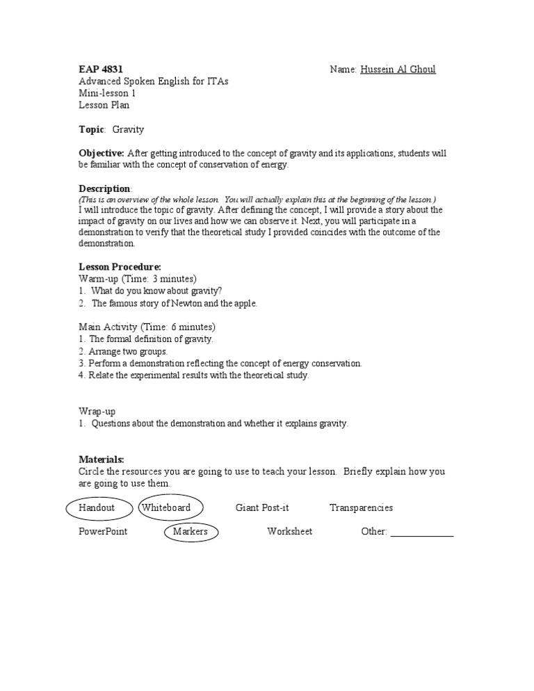 Lesson Plan 1 Outline | PDF | Self-Improvement