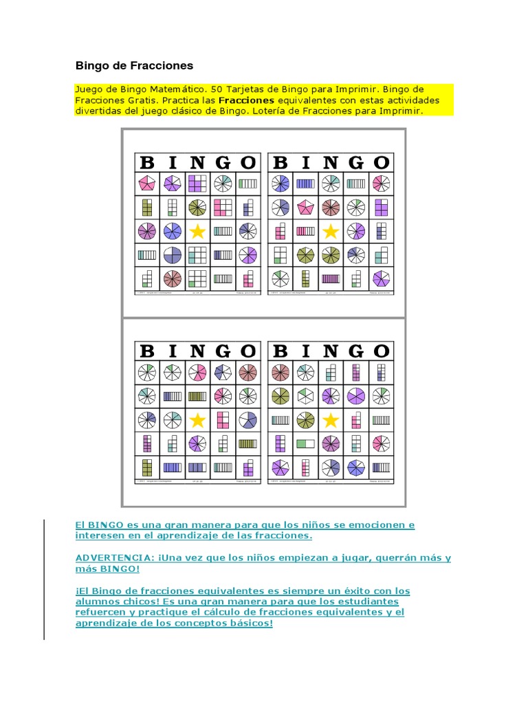 Bingo de Fracciones para Imprimir | PDF | Juego de azar | Juegos y lotería