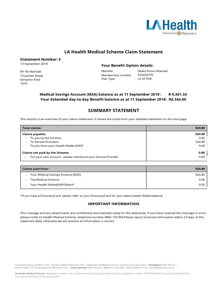 LA Health Medical Scheme Claim Statement: Statement Number: 5 Your ...