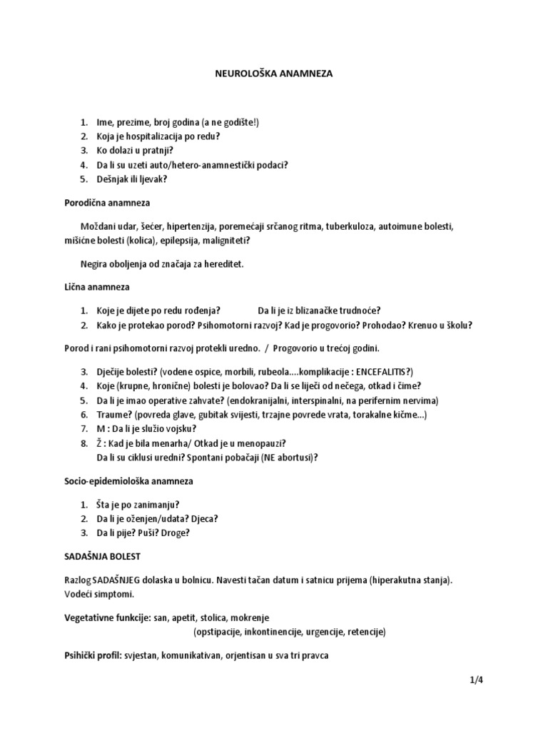 Neuroloska Anamneza I Status PDF | PDF