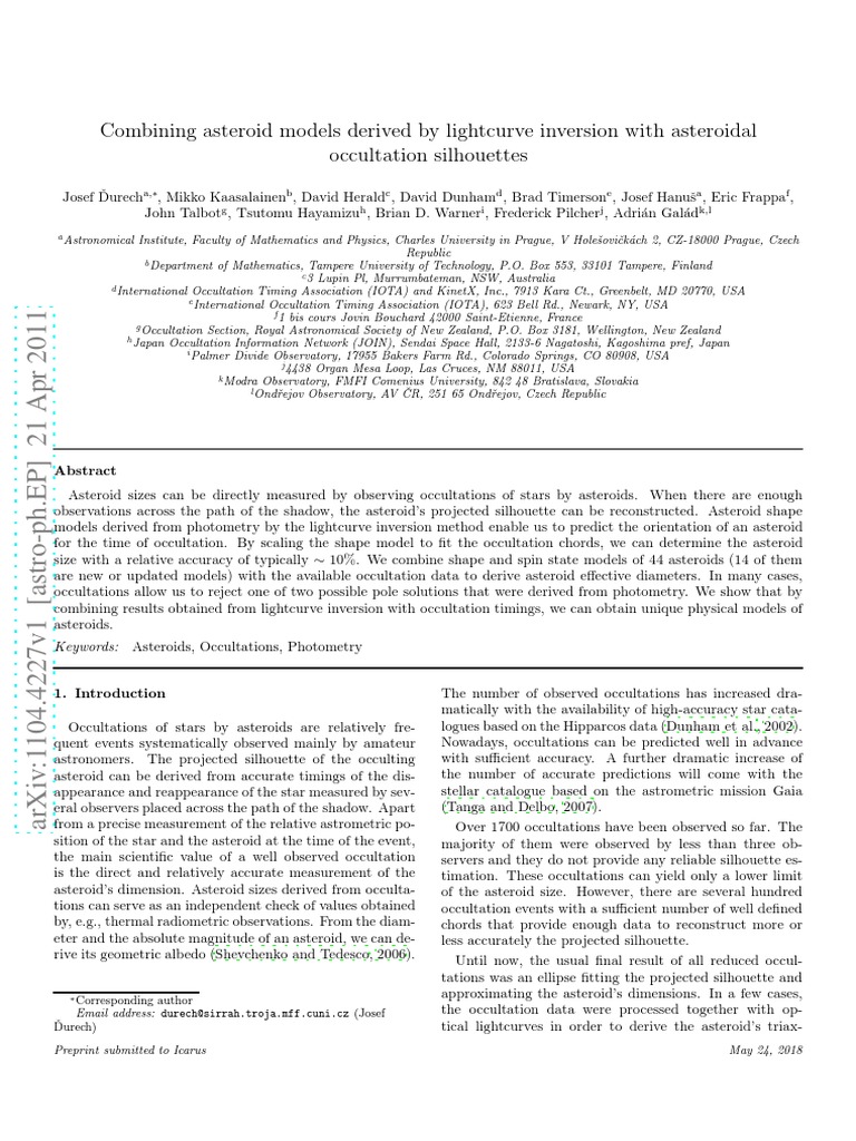 Combining Asteroid Models Derived by Lightcurve Inversion With Asteroidal Occultation ...