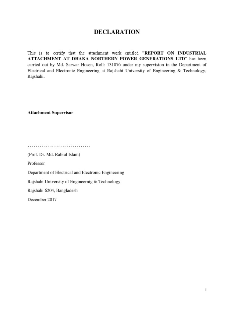 Declaration: Attachment at Dhaka Northern Power Generations LTD" Has ...