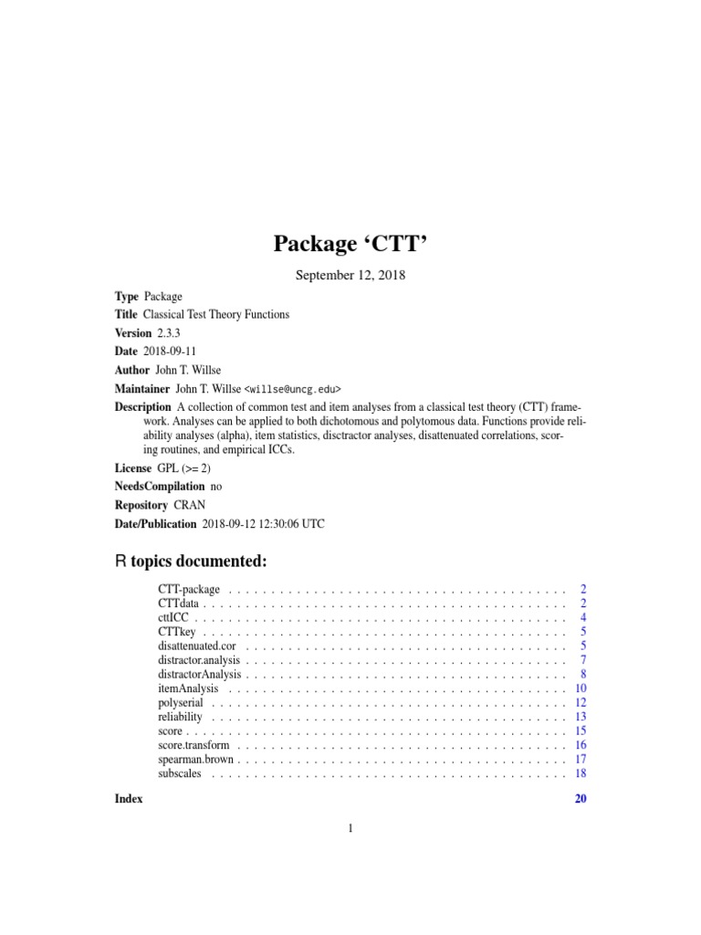 Package CTT': R Topics Documented | PDF | Cronbach's Alpha | Percentile