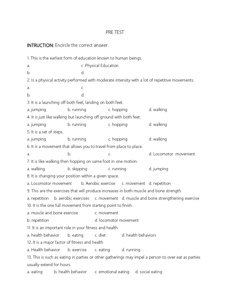 Pre Test INTRUCTION: Encircle The Correct Answer | PDF | Physical ...