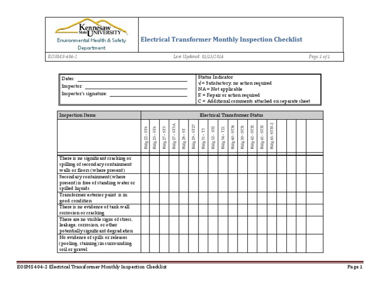 Electrical Transformer Inspection Checklist Form | PDF | Materials ...