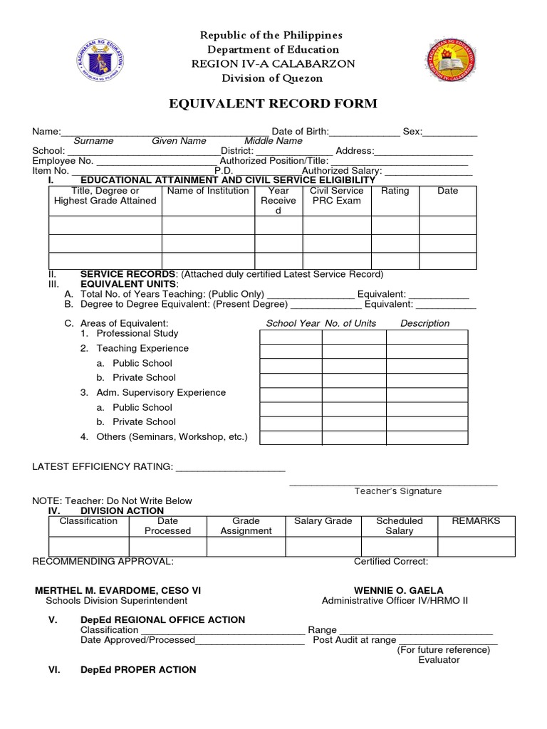 Equivalent Record Form: Republic of The Philippines Department of ...