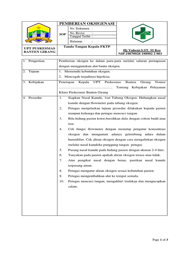 Sop Pemberian Oksigenasi | PDF