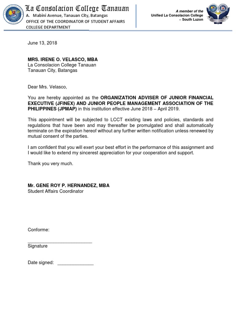 Letter of Appointment Cub Adviser | PDF | Government Information | Justice