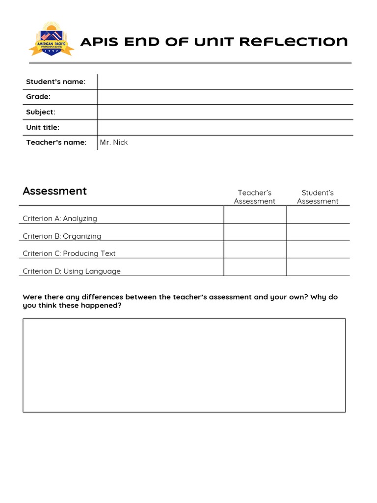 End of Unit Reflection Form | PDF | Inquiry | Teaching Mathematics