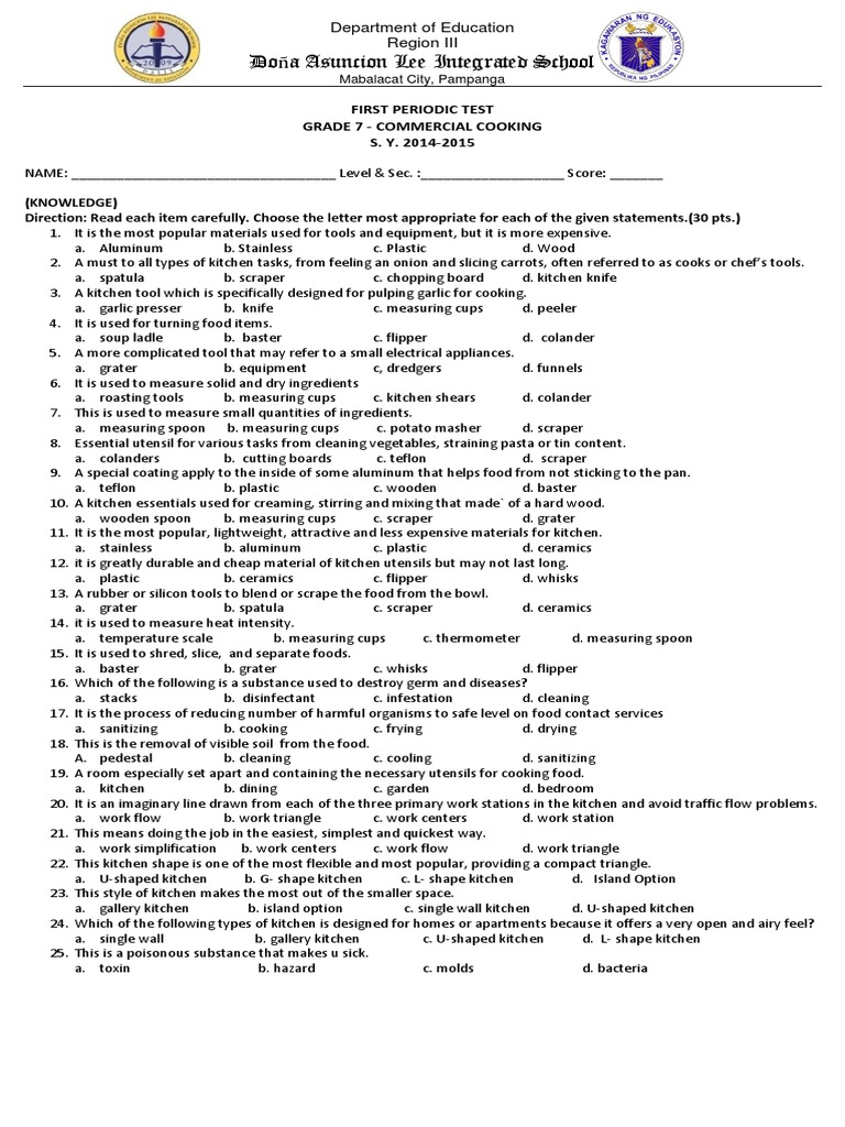 Grade 7 Commercial Cooking Periodic Test: Assessing Students' Knowledge ...