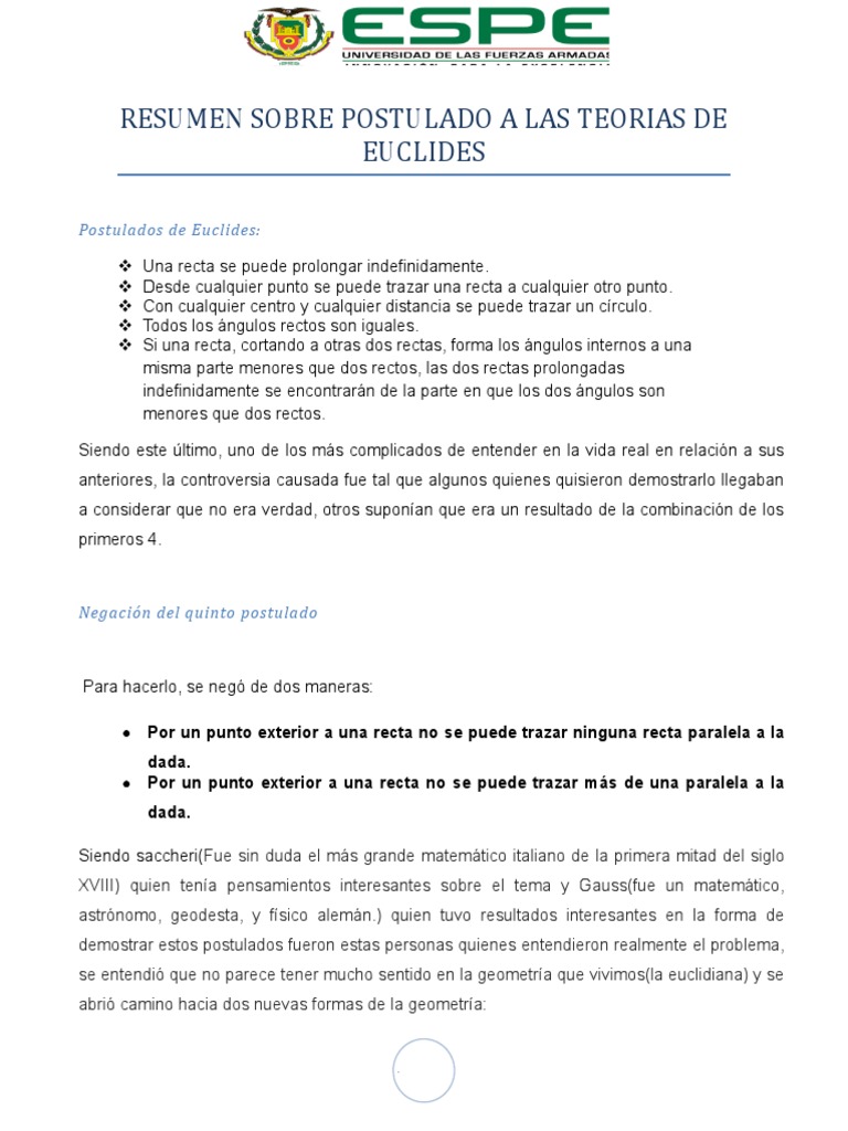Resumen Sobre Postulado A Las Teorias de Euclides | PDF | Geometría ...