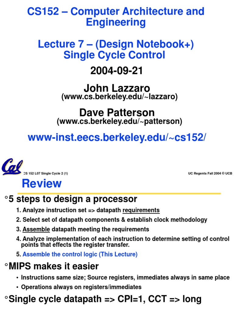 CS152 - Computer Architecture and Engineering - (Design Notebook+) Single Cycle Control | PDF ...