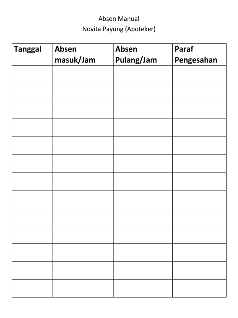 Tanggal Absen Masuk/jam Absen Pulang/Jam Paraf Pengesahan: Absen Manual Novita Payung (Apoteker ...